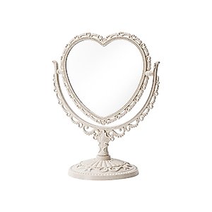 JDPEYI-Heart Shaped Mirror - Coquette Room Decor for Desk & Vanity -Double-Sided Rotatable Cute Magnifying Mirror with Stand (Beige)