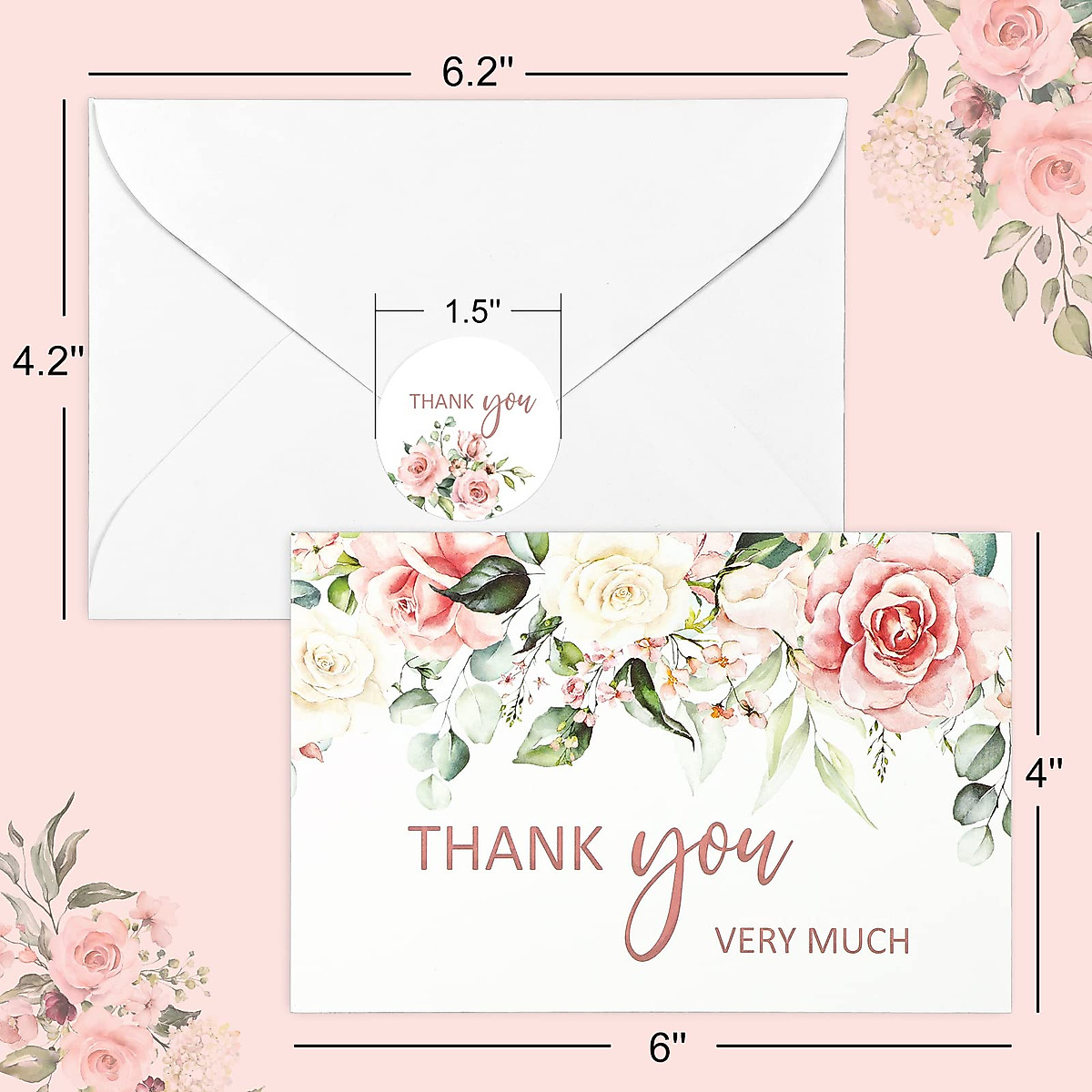 AnyDesign 32 Pack Thank You Cards with Envelopes Stickers Blush Floral Blank Note Cards Bulk 4 Design Flower Thank You Greeting Cards for Wedding Baby Shower Bridal Shower and All Occasions, 4 x 6