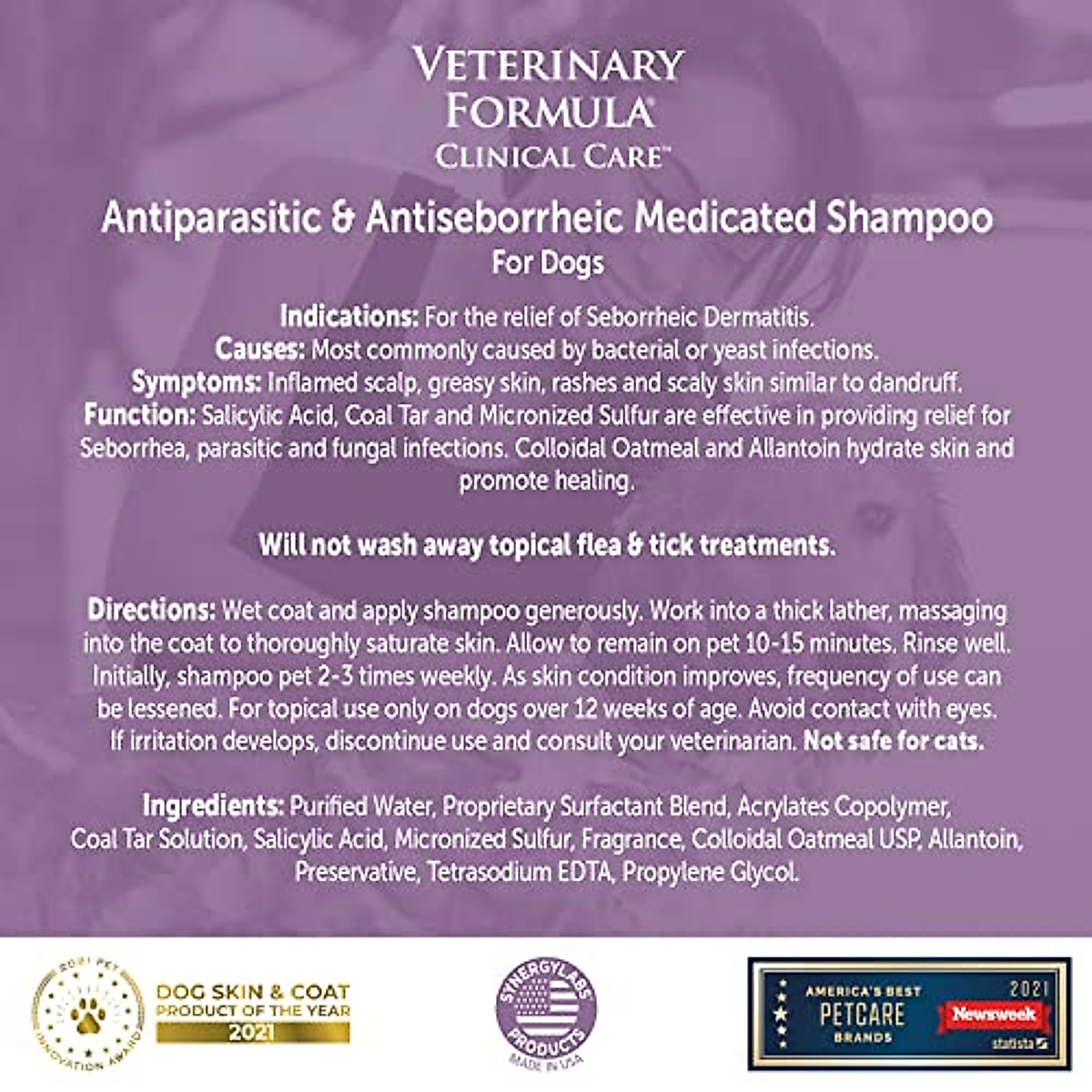 Veterinary Formula Clinical Care Antiparasitic & Antiseborrheic Medicated Dog Shampoo, 16 oz – Paraben, Dye, Soap Free – Hydrating and Antifungal Shampoo for Dogs, White