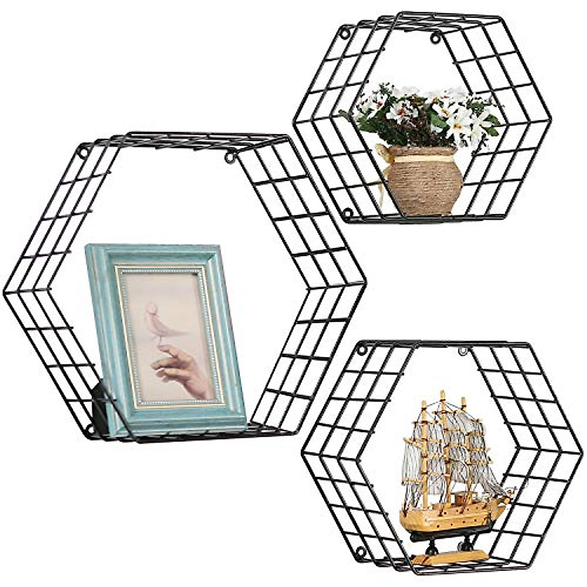 MyGift Black Metal Wall Mounted Crystal Display Shelf, Modern Wire Decorative Floating Shelves for Bedroom Living Room Office, Set of 3