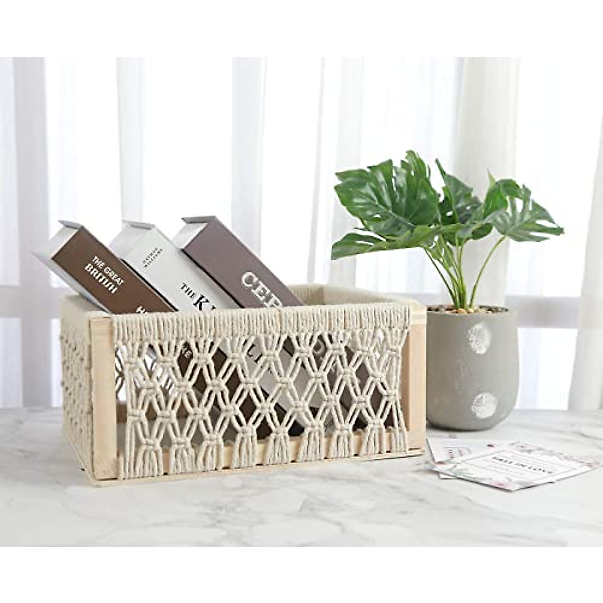 Macrame Storage Baskets for Shelves and Closet, Boho Decorative Boxes for Home Decor, Perfect Pampas Grass Holder at Living Room(White, Set of 3)