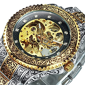 FANMIS Mens Luxury Engraving Wrist Watches Unique Tattoo Pattern Carved Stainless Steel Band Luminous Automatic Skeleton Watch (Gold Black)