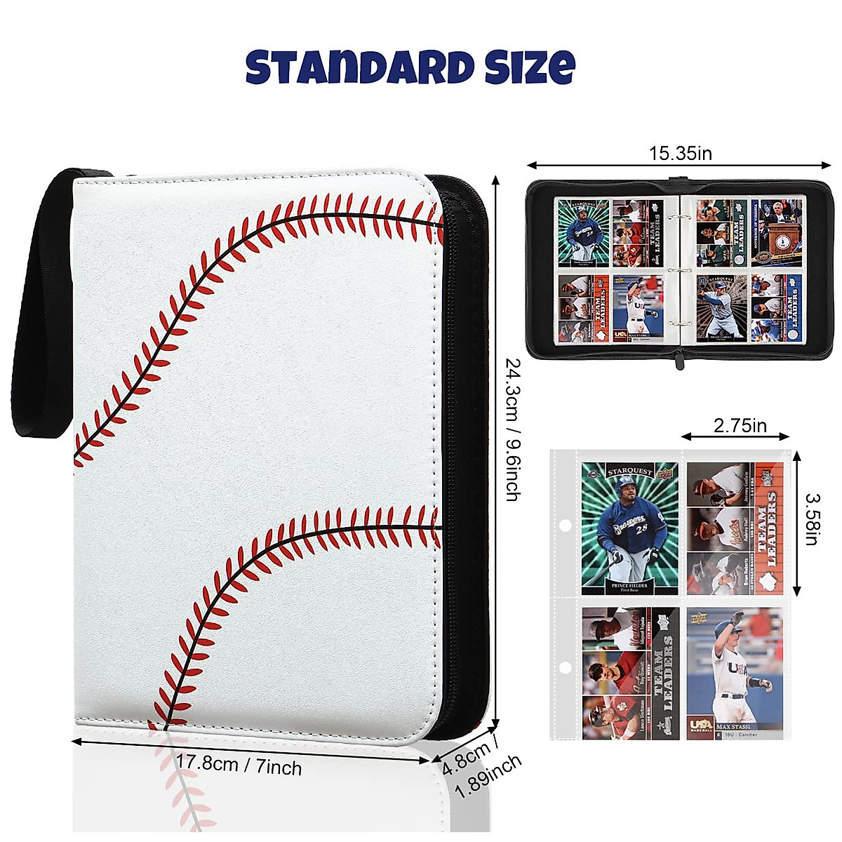 MIXPOET Baseball Card Binder with Zipper, 4 Slots - Fit 400 Cards, Waterproof Card Album Holder Protectors Storage Book Fit Football, Baseball, Sport Cards and Other Trading Cards (White Stitches)