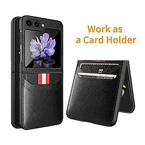 Elegant Faux Leather Galaxy Z Flip 5 Case with Free Built-in Card Holder & Screen Film, Compatible with Samsung Z Flip 5, Stylish, Premium Leather Cover Shockproof for Men & Women (Blue)