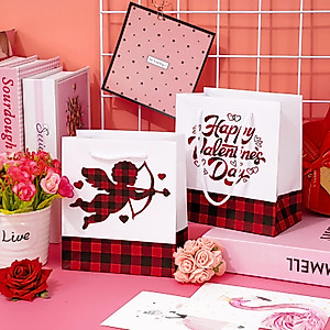 Whaline 12Pcs Valentine's Day Paper Gift Bags with Handle Red Black Buffalo Plaids Candy Goodie Bag Love Heart Truck Cupid Pattern Treat Bags Party Favor Bag for Wedding Engagement Wrapping Supplies