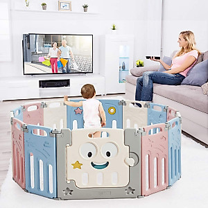 HONEY JOY Baby Play Yards, 14 Panel Foldable Baby Playpen, Anti-Slip Base & Lockable Safety Gate, Indoor Large Baby Fence Play Area for Babies and Toddlers (Multicolor, 14 Panel)