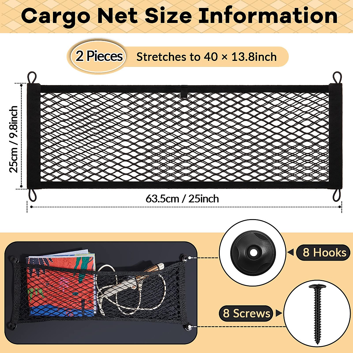 Frienda 2 Pieces Stretchable Small Cargo Net Pocket Storage Mesh Net Elastic Automotive Storage Pouch with 8 Pieces Mounting Screws and Hooks for Truck Car SUV Boats(25 x 9.8 Inches)