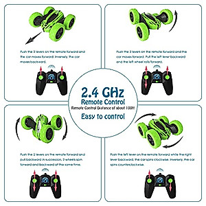 2-in-1 Remote Control Car, Rechargeable Remote Control Crawler for Kids Age 3 Years and up, Changeable Wheels, Double-side 360° Flips, LED Headlights, Fast Stunt Toy Race Cars for Toddlers-Green