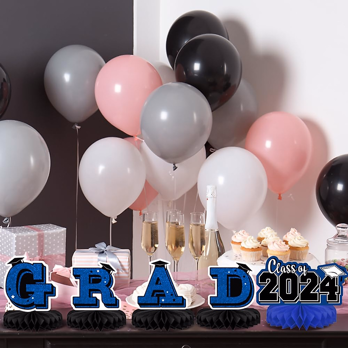 AKEROCK Graduation Decorations Class of 2024, 9Pcs Honeycomb Table Graduation Centerpieces for Graduation Party Decorations, Table Toppers Graduation Decor - Graduation Party Supplies(Blue, Black)