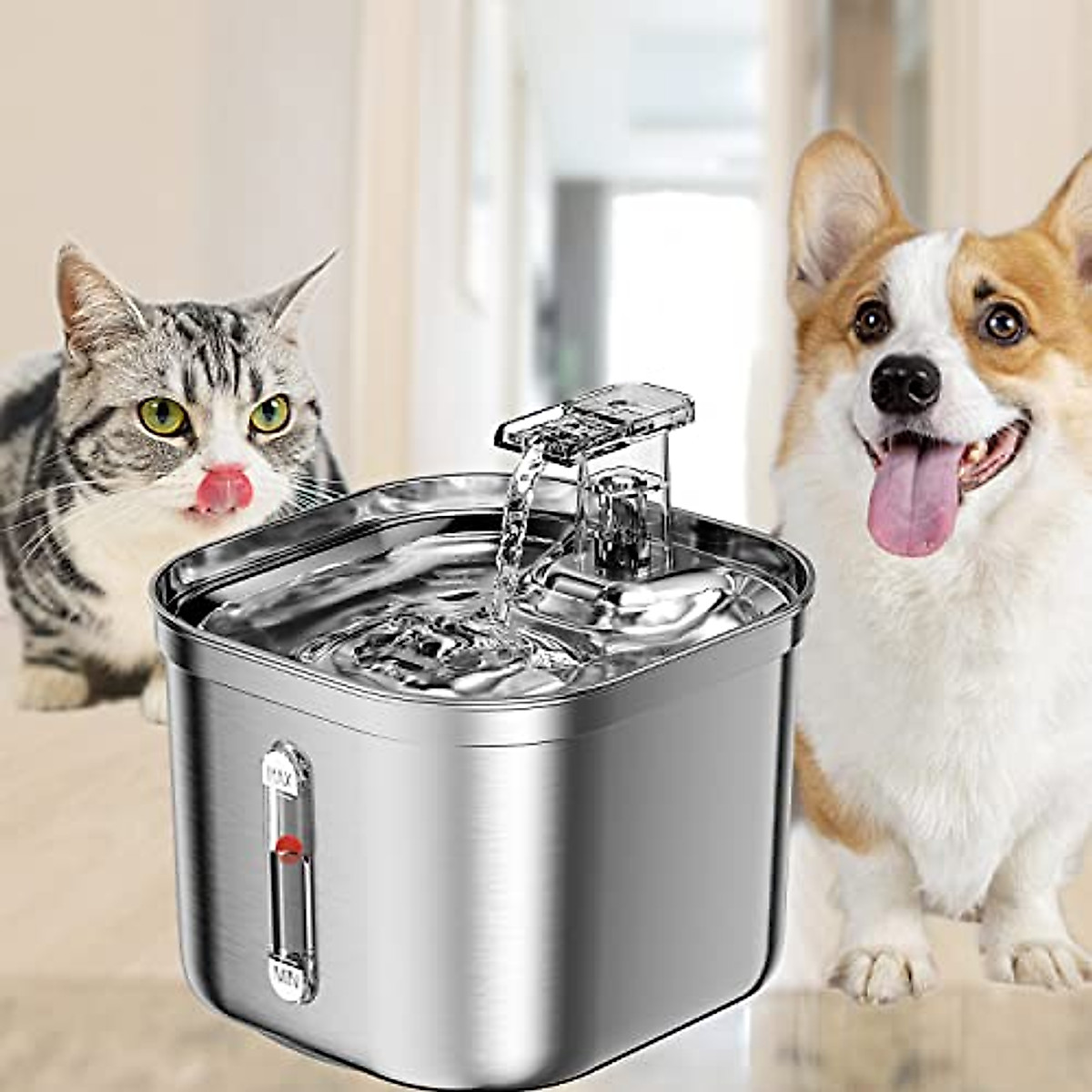 Homtyler Stainless Steel Multiple Pets Water Fountain for Cats Inside, 3 Replacement Filters&Ultra-Quiet Pump, 2.2L/73oz Automatic Dog Dispenser Water Bowl