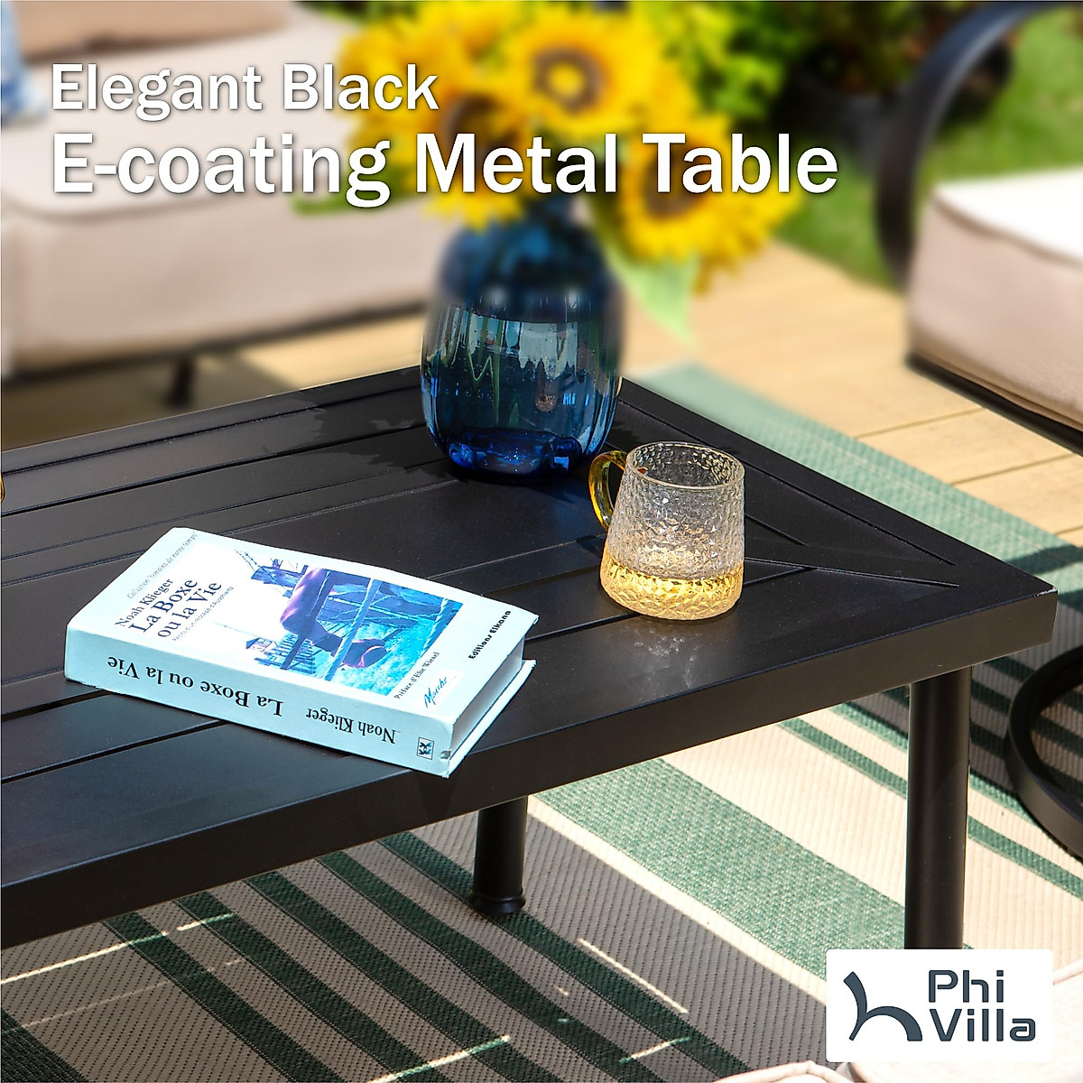 PHI VILLA Metal Patio Outdoor Furniture Sets,All-Weather Steel Frame Patio Conversation Sets for Backyard, Porch and Garden（Beige, 6 pcs w/Table）