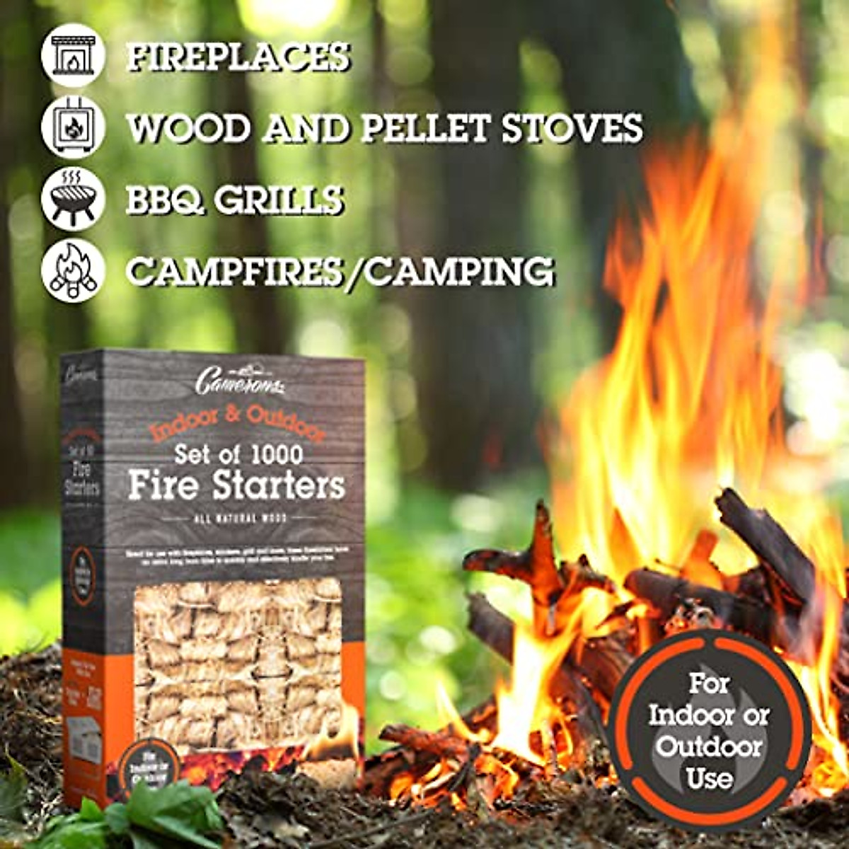 All Natural Fire Starters (50 Pack) - Unique Design Lights Quick & Easily with No Flare Up- Indoor Outdoor Use for Barbecue Charcoal Grill, Campfire, Pellet Stove, Firewood - Fathers Day BBQ Gift