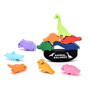 HWD Wooden Stacking Blocks Balancing Games, Animals Bricks Equilibrium Puzzles Toys, Preschool Early Educational Parent-Child Interaction Sorting Games for Toddler, Kids, Children (Dinosaur)