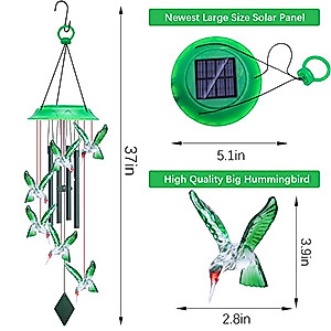 Solar Wind Chimes for Outside - 37" WANQDG 6 LED Hummingbird Color Changing Wind Chime with 4 Green Metal Tube, Music Wind Chimes Great as a Gift for Women mom Grandma Best Friends' Birthday Gift