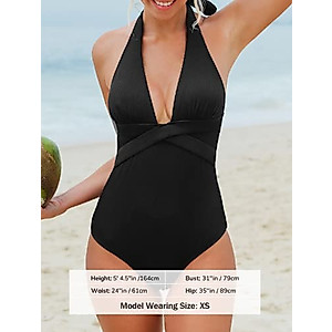 CUPSHE One Piece Swimsuit for Women Ribbed Bathing Suit Deep V Neck Halter Wrap Front Backless Solid Swimwear M, Black