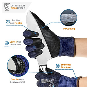 ANDANDA Cut Resistant Gloves Level C, 3D Comfort Stretch Fit, PU Coated Work Gloves with Power Grip, Ideal Work Gloves for Men/Women Handle Glass, Sharp Metal, Blue(M),1Pair