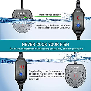 auomii Mini Submersible Aquarium Heater, 50W/100W Small Fish Tank Heater, Built-in Thermometer, 2 LED Temperature Display, External Temperature Controller, Smart Memory, 50W (1-10Gallons)