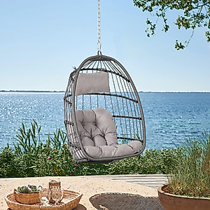 Patiorama Indoor Outdoor Egg Swing - Rattan Hanging Chair w/Cushion, 350lbs Capacity, All Weather Foldable Hammock Chair for Bedroom, Porch (Light Grey)