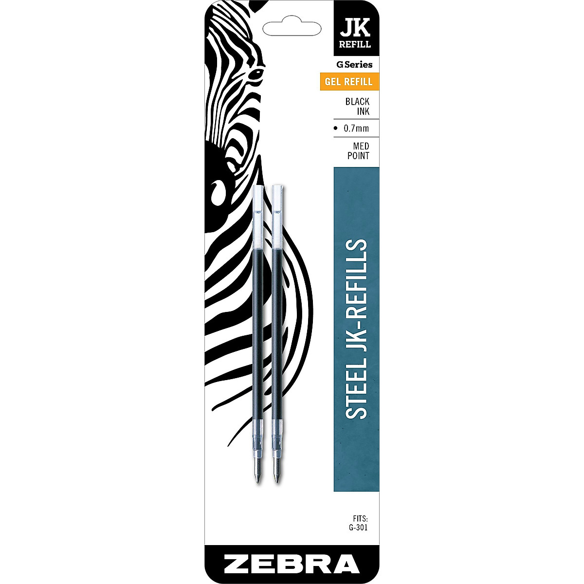 Zebra Pen G-Series Stainless Steel Gel Ink Pen JK-Refill, Medium Point, 0.7mm, Black Ink, 2-Pack