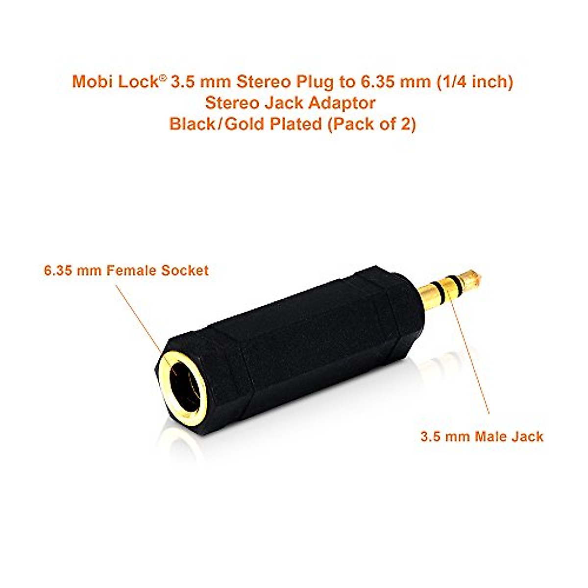 Mobi Lock 3.5mm Plug to 6.35mm Socket (Pack of 2) 1/8 to 1/4 inch Stereo Audio Jack Adapter | Connects Devices with 3.5mm Port to Your Amplifiers, Guitar, Piano, Speakers & Mic That use 6.35mm Port
