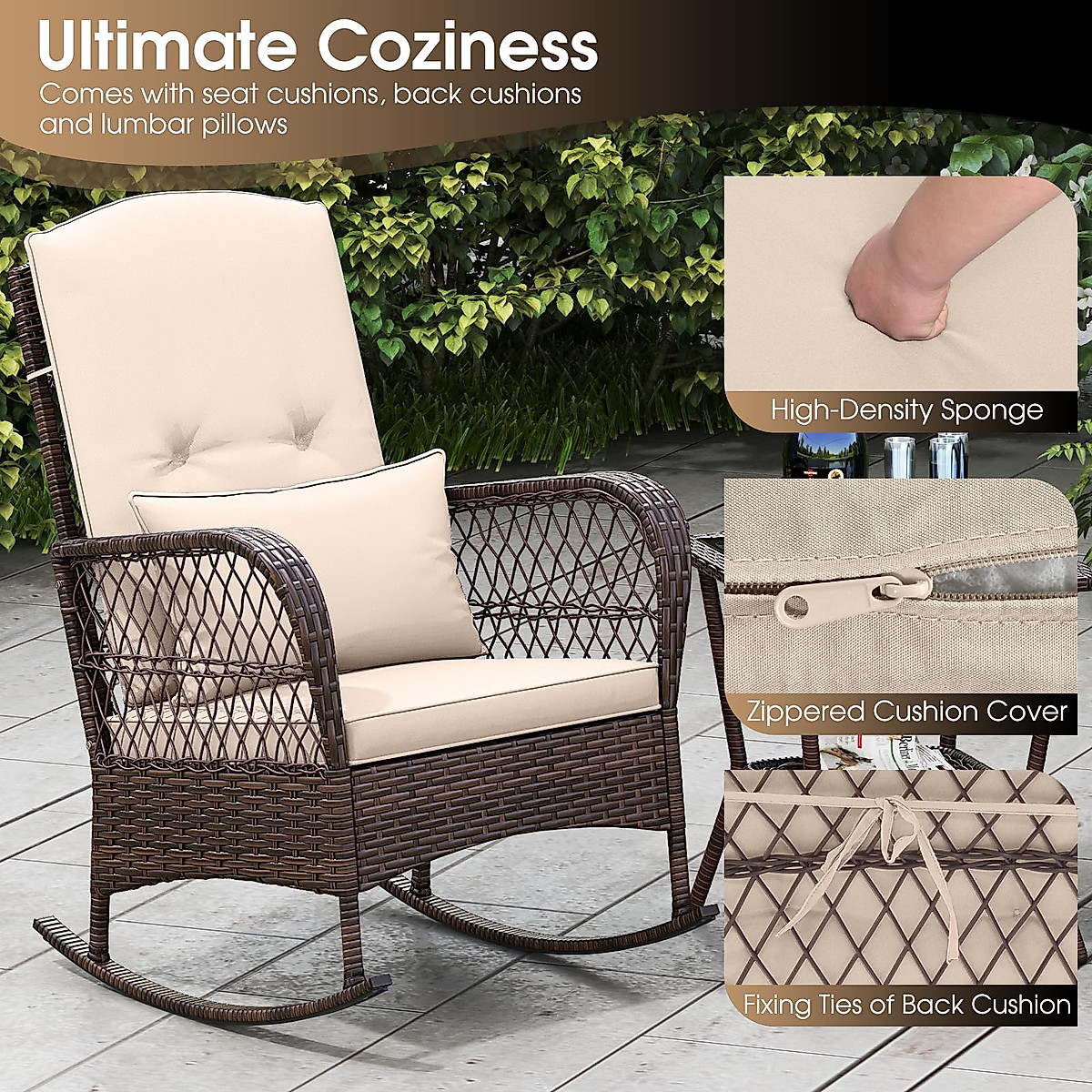 RELAX4LIFE 3-Piece Rocking Bistro Set - Rattan Wicker Rocking Chairs w/2-Tier Coffee Table, Cushions & Pillows, Conversation Rocker Set for Porch Garden Backyard, Outdoor Patio Furniture (Beige)