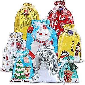 Moretoes 36pcs Christmas Drawstring Gift Bags with 8 Sizes 8 Designs Assorted Foil Wrapping Christmas Gift Santa Goody Bags Upgraded with Tags for Xmas Holiday Presents Party Favor