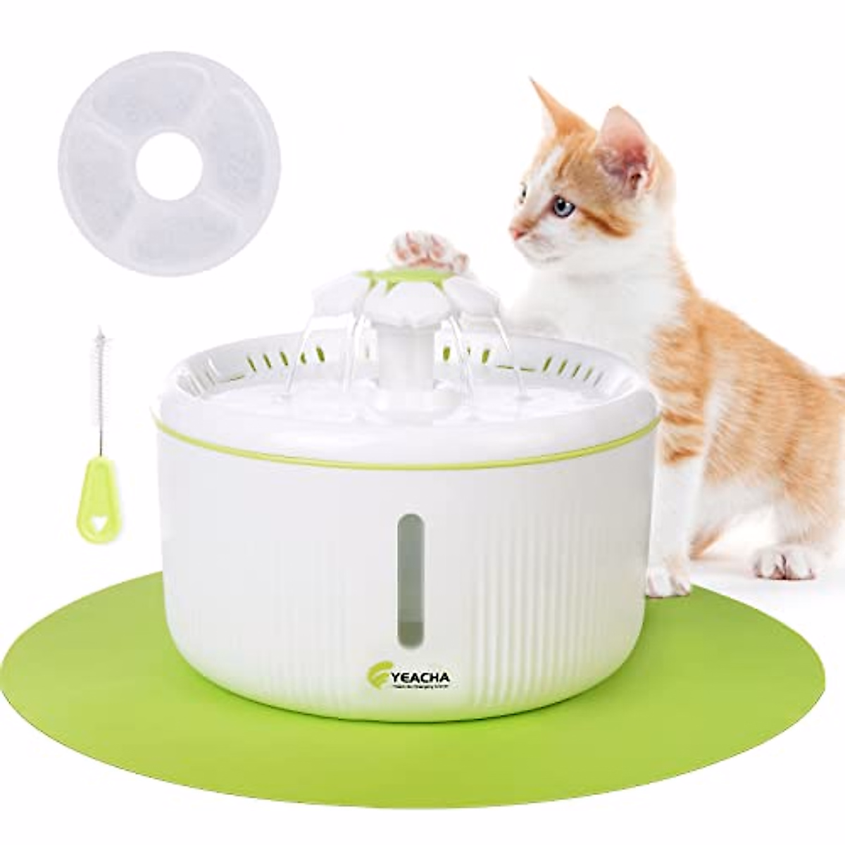 YEACHA Cat Water Fountain, Dog Water Dispenser with Replacement Filter, 88oz/2.5L Drinking Fountains Bowl with LED Light for Cat and Small Dogs, Multiple Pets, with 120-240V Adapter Light Green