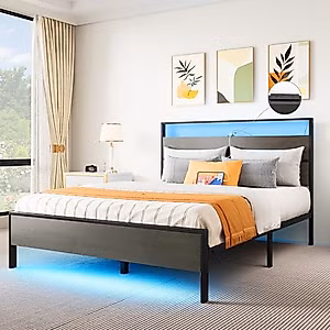 YITAHOME Queen Size Bed Frame, LED Bed Frame with 2 USB Ports, Platform Bed Frame with 10.2” Under Bed Storage Clearance, Strong Metal Slats Support, No Box Spring Needed, Black Brown
