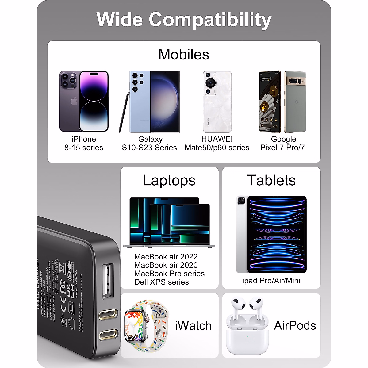 POANES 65W GaN USB C Charger, 3 Port Flat USB Wall Charger with USB C and USB A, Ultra-Slim GaN Charger PD3.0&PPS, Foldable Plug for Travel for MacBook, Laptops, Tablets, iPhone 15, Samsung