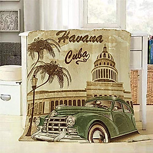 Mugod Havana Cuba Throw Blanket Retro Poster with Vintage Old Green Car Decorative Soft Warm Cozy Flannel Plush Throws Blankets for Bedding Sofa Couch 50 X 60 Inch