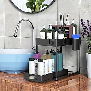 Kjfeoiye Under Sink Organizers and Storage, 2 Pack Large Capacity Heavy Load Pull-out Under Sink Shelves with Sliding Drawer for Kitchen and Bathroom, Black, 12 x 8.7 x 15.7 inch