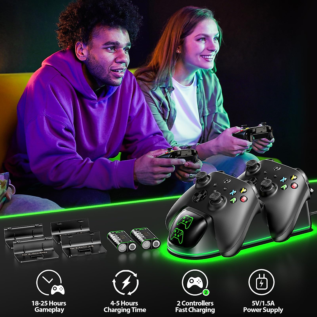Controller Charger Station for Xbox One/Xbox Series X|S/Elite, 2 x 4800 mWh Rechargeable Battery Packs, Charging Dock for Xbox Controller Battery with 2 X Rechargable Batteries & 4 X Covers, Black