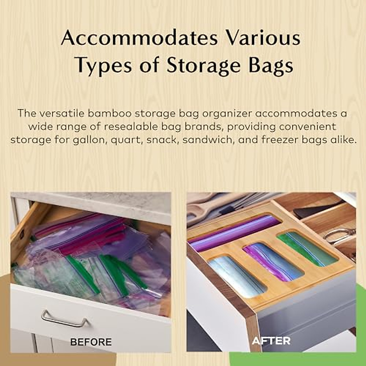 Umiboo Bamboo Resealable Bag Storage Organizer with Hinge - For your Kitchen Drawer, Pantry, Countertop - Easily Organize your resealable storage bags