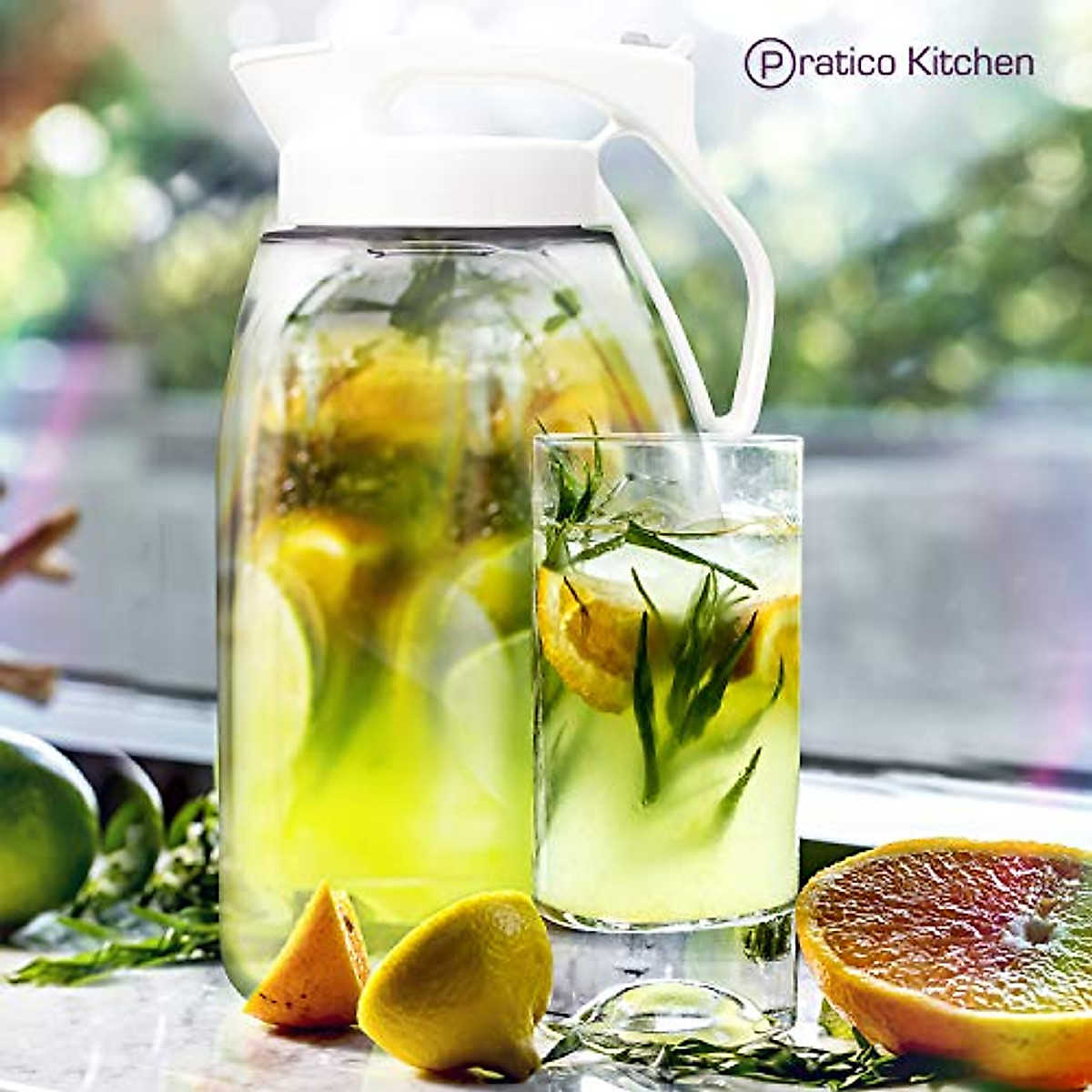 Pratico Kitchen SnapPour Water, Juice, and Beverage Pitcher, Made in Japan, 3.2 qt, 102 oz, White