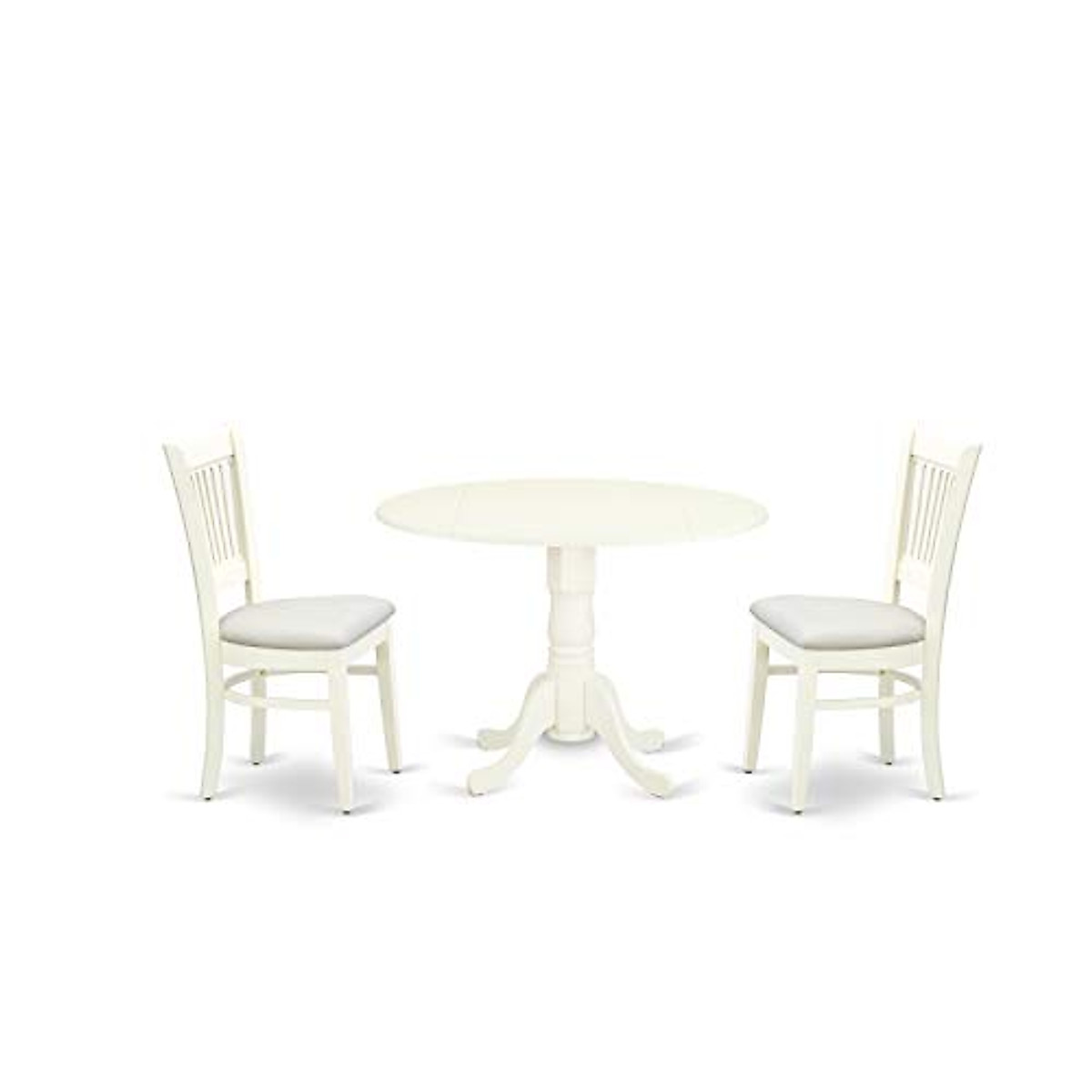 East West Furniture Dublin 3 Piece Modern Set Contains a Round Wooden Table with Dropleaf and 2 Fabric Upholstered Dining Chairs, 42x42 Inch, Linen White