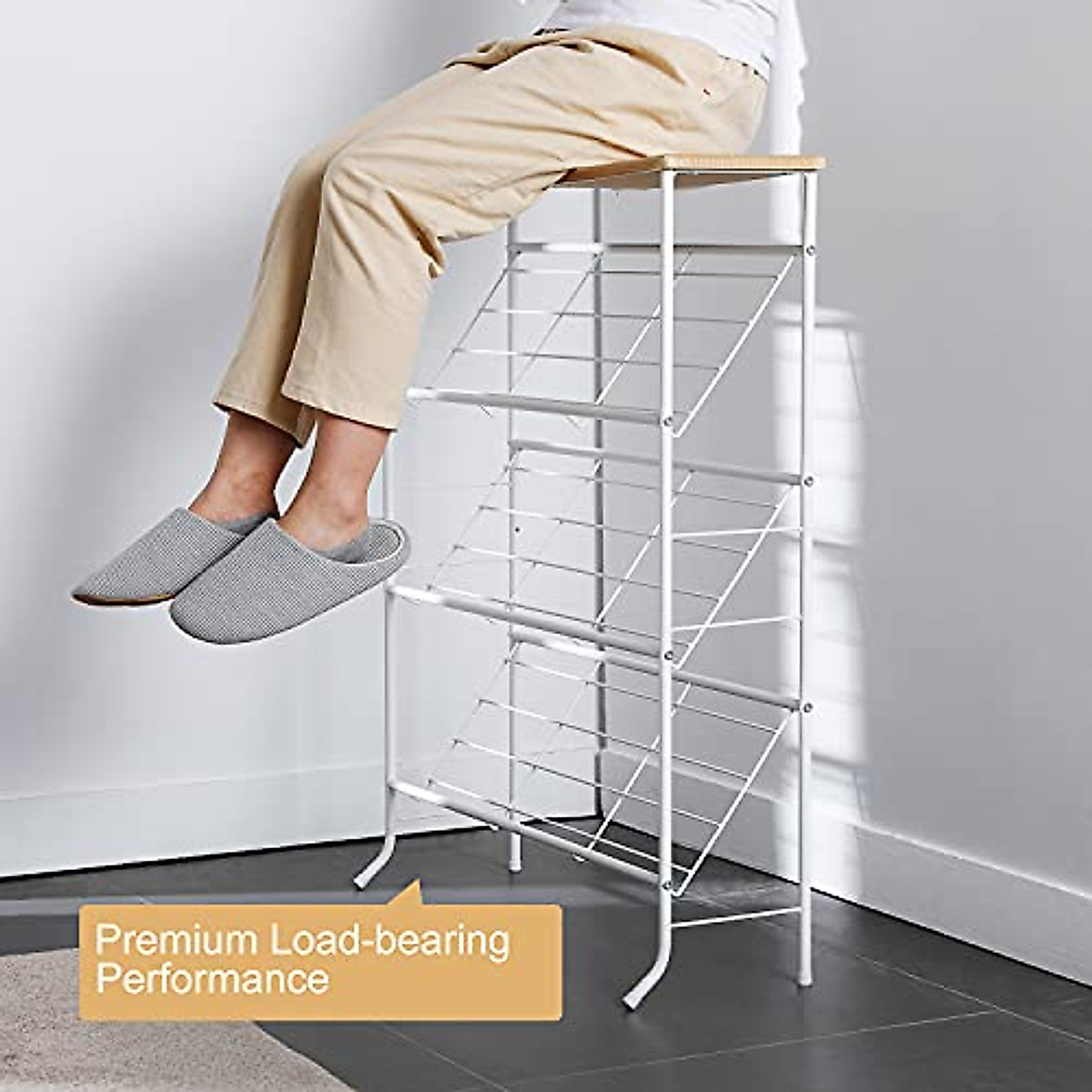 Shoe Rack Organizer, Sturdy 4 tier Narrow Shoe Storage Cabinet, Free Standing Shoe Racks with Wood Top, Space Saving Shoe Shelf, Large Shoe Rack for Entryway, Hallway, Garage(12-16 Pair)