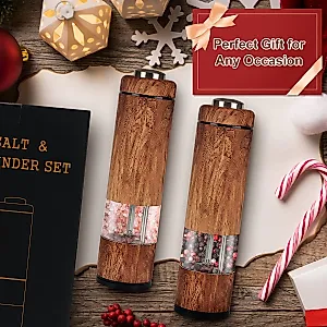 Electric Salt and Pepper Grinder Set, Battery Operated Pepper Mill with LED Light, Adjustable Coarseness, One Hand Operation, Salt and Pepper Shakers Set Electric (Wood Grain)