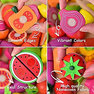 FUN LITTLE TOYS 35PCS Wooden Play Food for Kids Kitchen, Pretend Cutting Food Toys with Wooden Tray, Dishes and Knife for Kids, Pretend Play Food