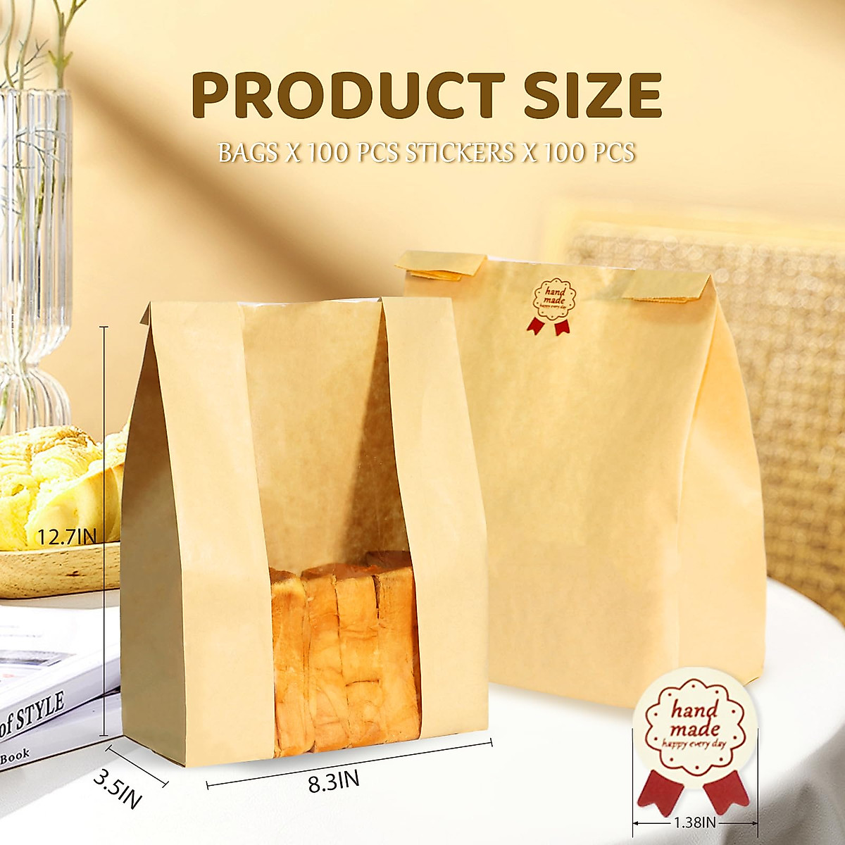 Bread Bags for Homemade Bread 25PCS Paper Bread Bags for Sourdough Large Bakery Bags with Window for Baked Food Packaging Storage Gift Giving Includes 25PCS Label Seal Stickers 13.7x8.3x3.5in