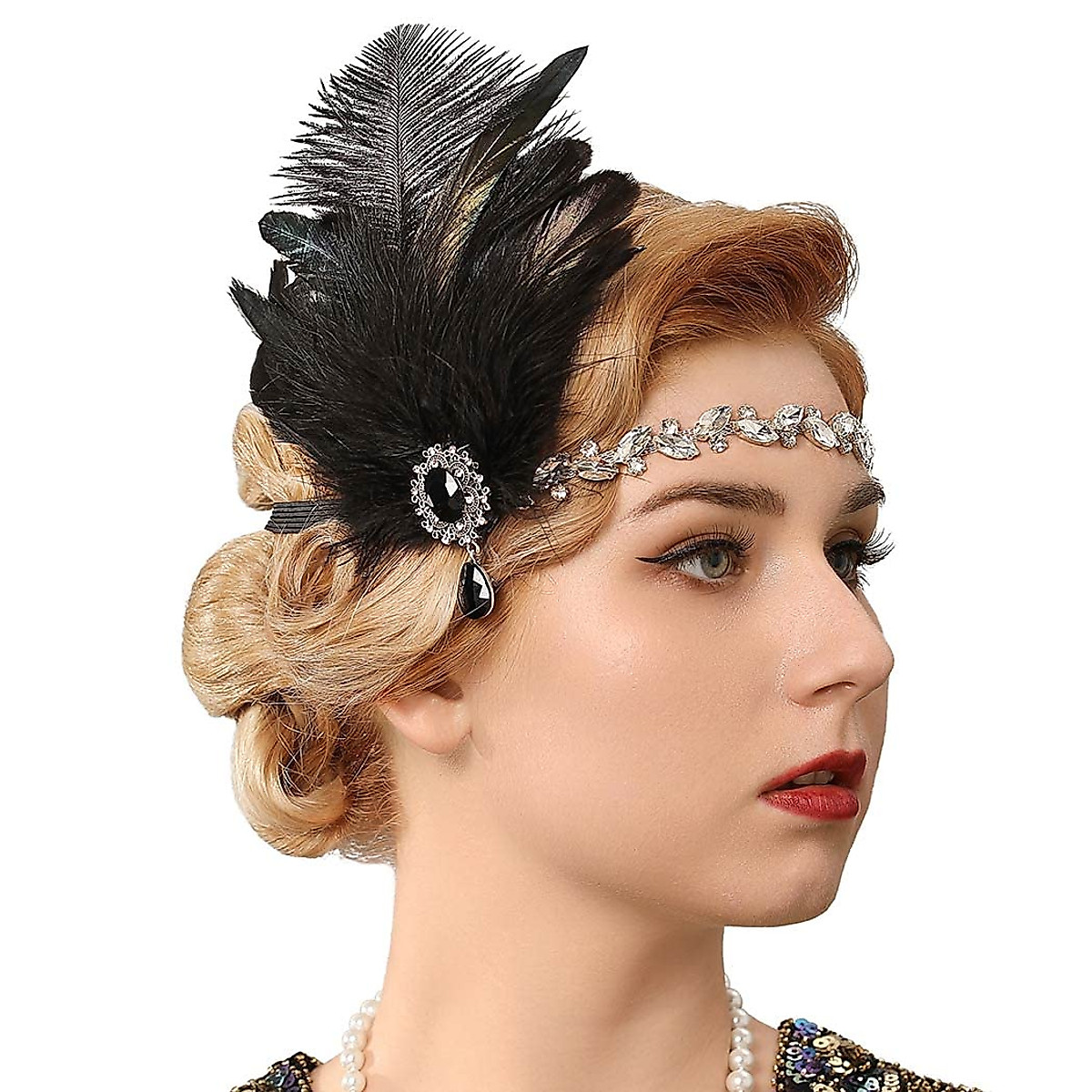 GENBREE 1920s Flapper Headband Black Feather Headpiece Rhinestone Headbands Cocktail Head Accessories for Women(Pattern 3)