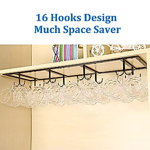 Drstarful Under Cabinet Hooks for Mugs, 16 in 1 Large Coffee Bar Mug Rack, Under Shelf Durable Metal Mug Hanger Holder for Coffee Cup Display, Hanging & Drying, Easy to Mount, Screws Included