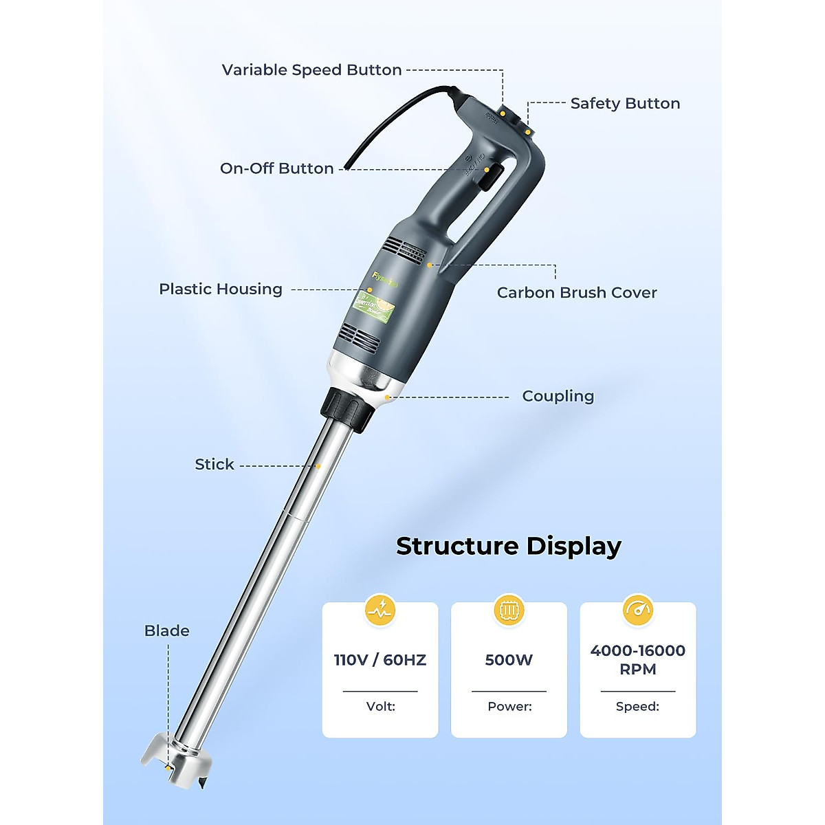 Flyseago Commercial Immersion Blender Hand held Blenders Heavy Duty Variable Speed Mixer 4000-16000RPM with 20-Inch Removable Shaft 50-Gallon Capacity 500W Multifunction Pro Electric Stick Emulsifier