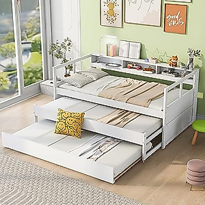 Epinki Twin XL Wood Daybed with 2 Trundles, 3 Storage Cubbies, 1 Light for Free and USB Charging Design, White, Kids Bed