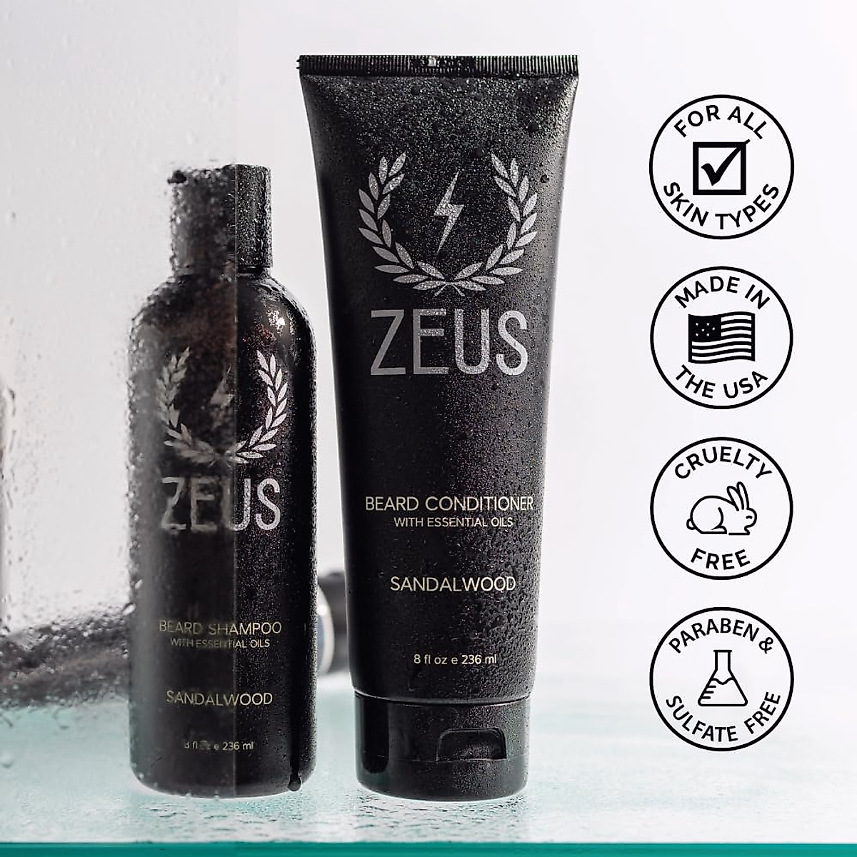 ZEUS Beard Wash & Beard Conditioner Set with Green Tea for Men, Soften, Hydrates & Moisturizes - MADE IN USA (Sandalwood)