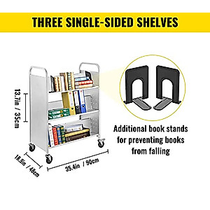 VEVOR Book Cart, 200lbs Library Cart, 35x19x49 Inch Rolling Book Cart Double Sided W-Shaped Sloped Shelves with 4-Inch Lockable Wheels, for Home Shelves Office and School Book Truck in White