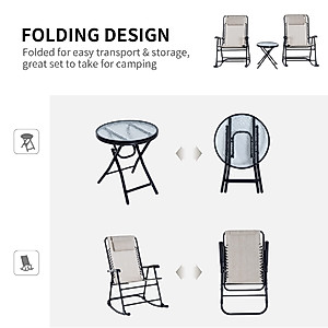 Outsunny 3 Piece Outdoor Rocking Chair Set, Patio Folding Lawn Rocker Set with Glass Coffee Table, Headrests for Yard, Patio, Deck, Backyard, Cream White