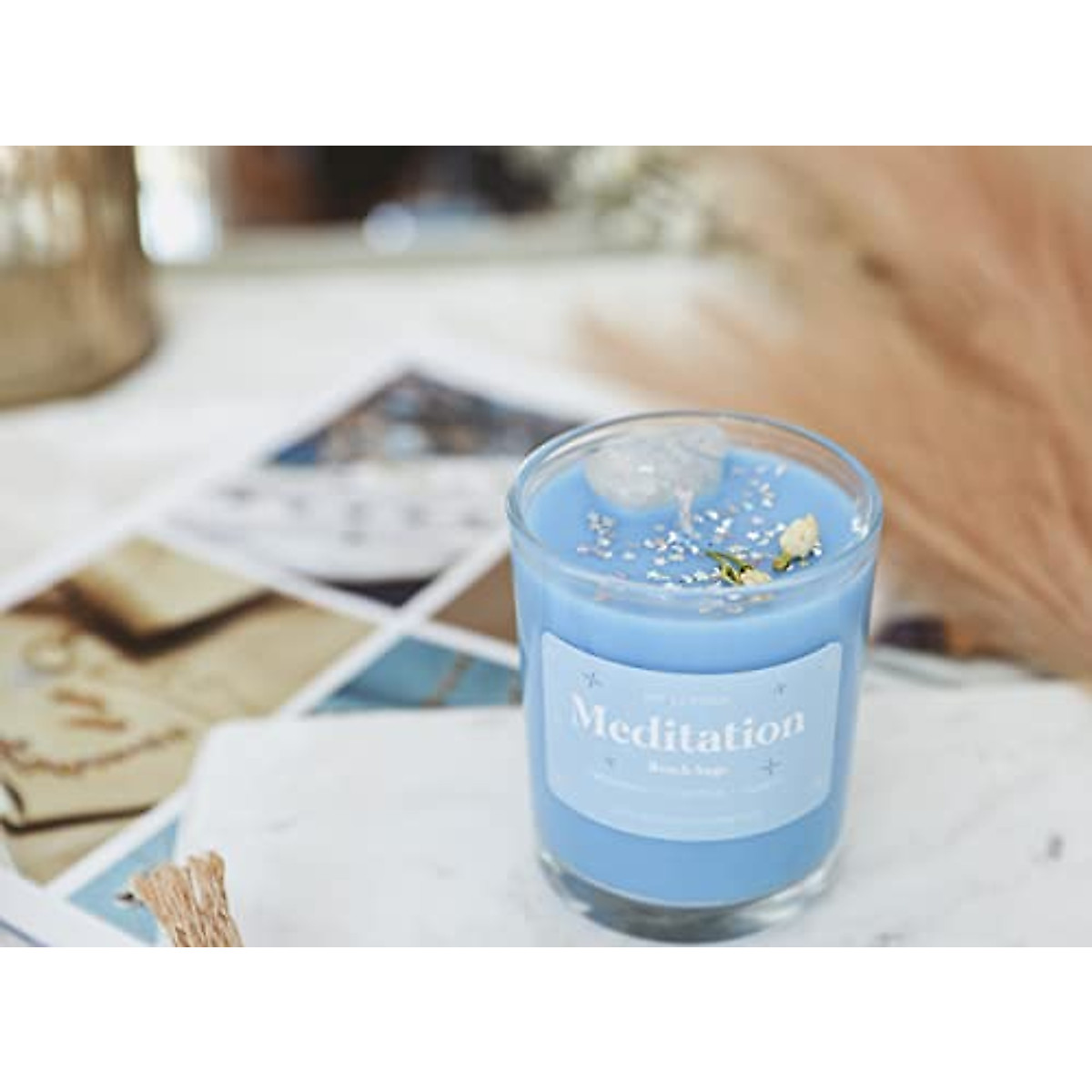 My Lumina Meditation Aromatherapy Candle w/Clear Quartz Crystal Inside, Beach Sage Relaxing Calming Positive Peace Energy, Soy Wax Blue Scented Candle for Home,Bath,Bathroom,Yoga,Self Care,Gift,Women