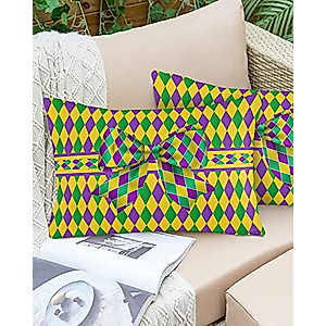 Outdoor Waterproof Throw Pillow Covers Set of 2 Cushion Cases Mardi Gras Purple Yellow Green Plaid Bow Pillow Covers,Decorative Pillowcases for Patio,Garden,Couch 20x12 Inch