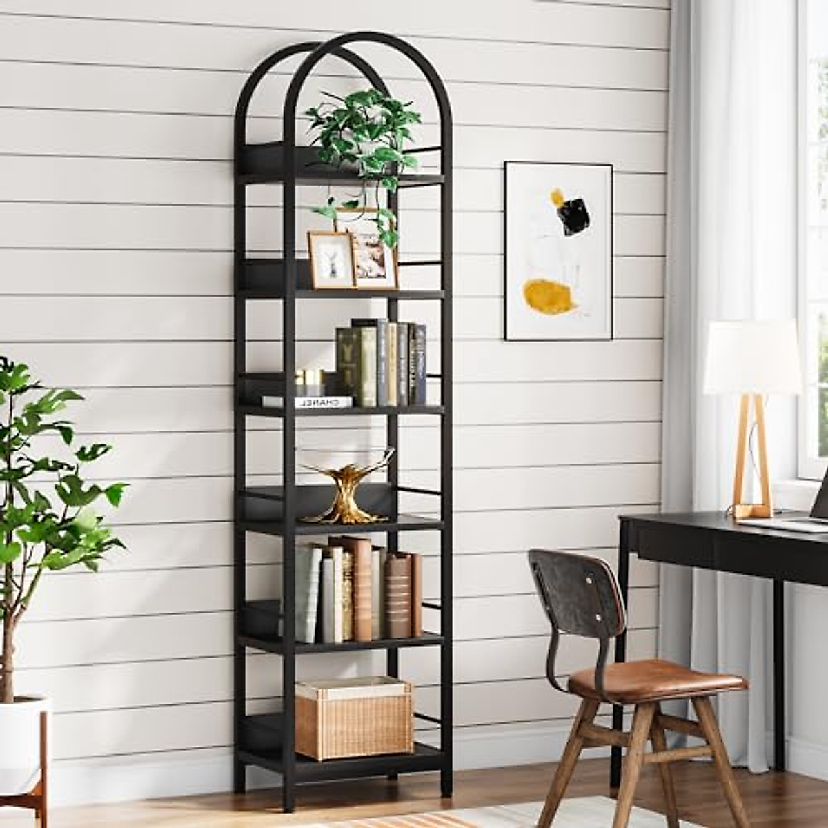 LITTLE TREE 6-Tier Open Bookshelf, 78.7" Tall Arched Bookcase, Black Wooden Bookshelf with Metal Frame, Freestanding Narrow Bookcase Display Shelves for Living Room, Bedroom, Office