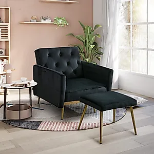 KINFFICT Velvet Accent Sofa Chair with Ottoman, Upholstered Comfy Lounge Armchair with Adjustable Armrests and Backrest, Living Room Single Recliner with Tufted Button Back, Black